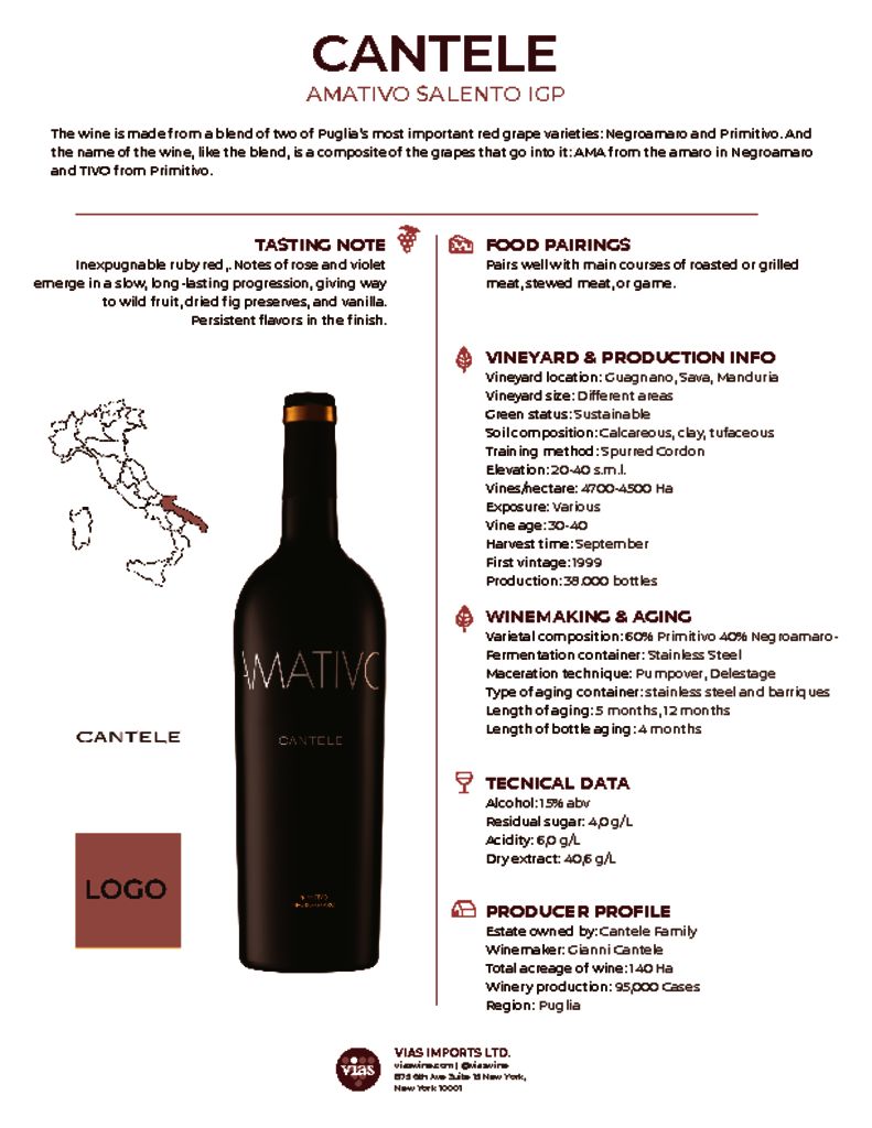 Cantele Amativo Tech Sheet Wine - Vias Imports